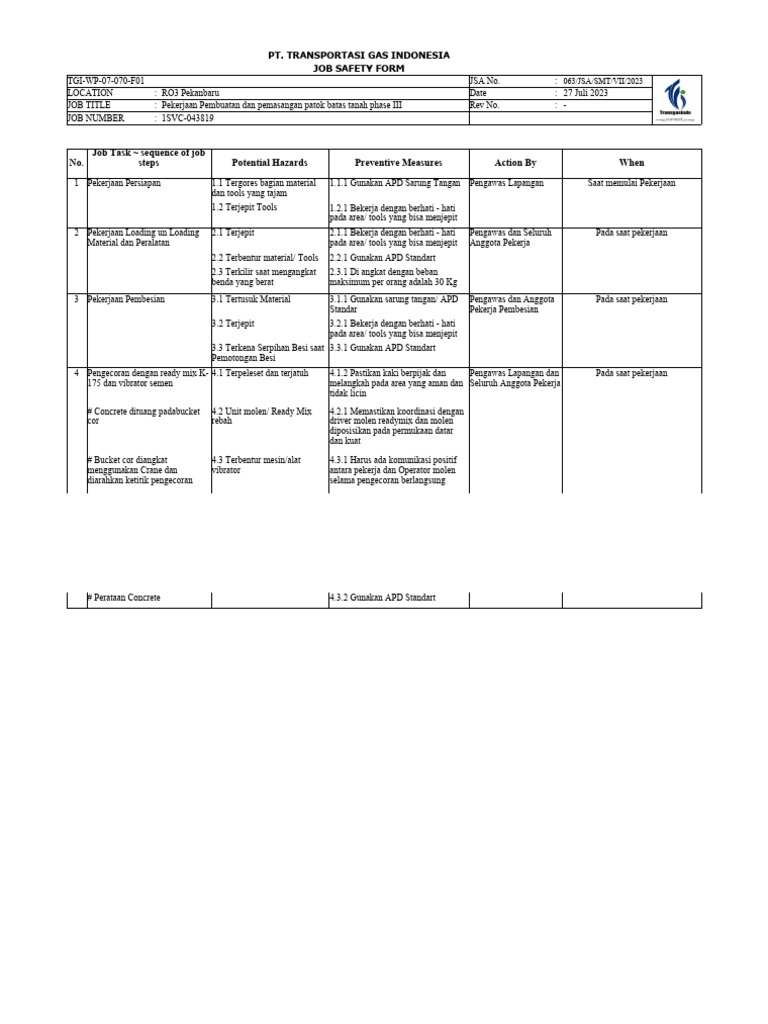 JSA - 063 - Pek. Mobilisasi Dan Penanaman Patok Beton | PDF
