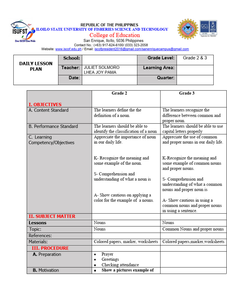 Multi Grade Lesson Plan | PDF | Noun | Learning