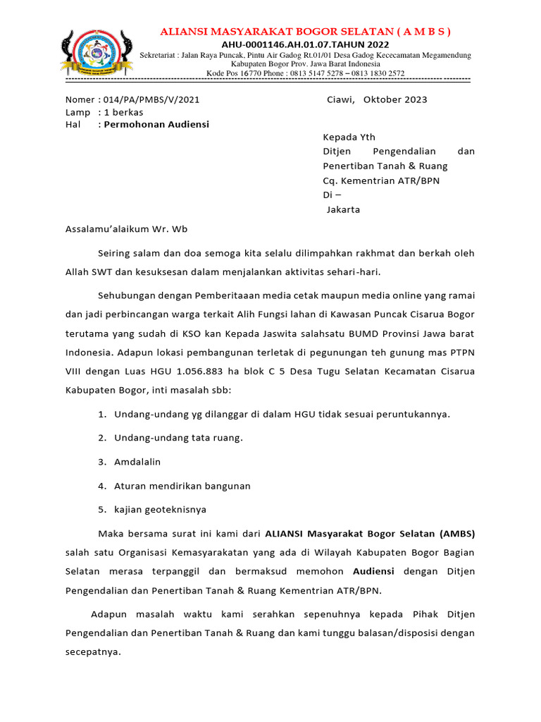 Surat Audiensi Ditjen ATR-BPN | PDF