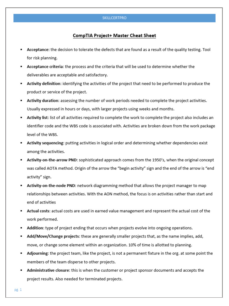 CompTIA Project Master Cheat Sheet | PDF | Project Management | Risk