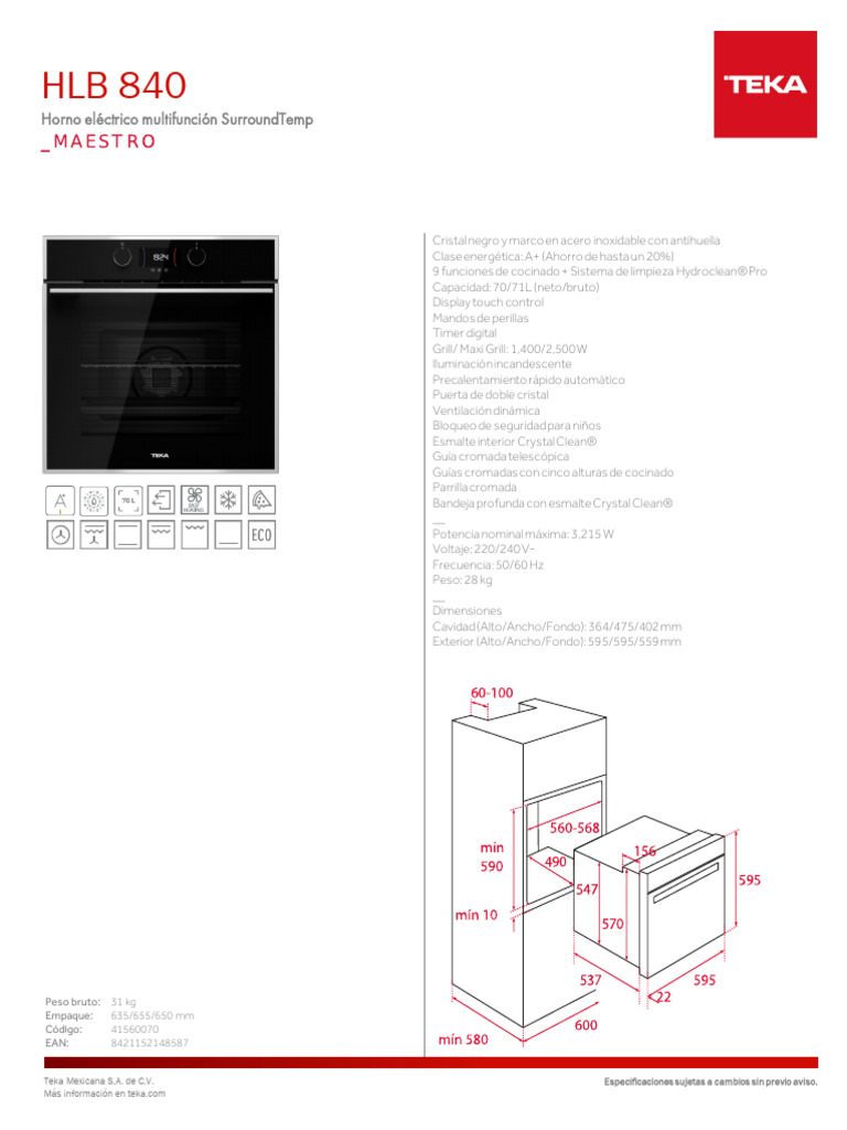 Horno TEKA - Modelo HLB 840 - Ficha Tecnica | PDF
