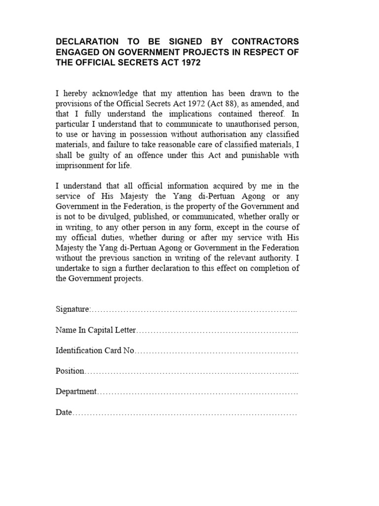 Declaration Contractors OSA 1972 | PDF