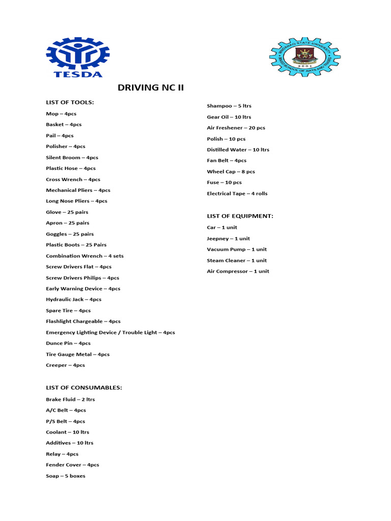 DRIVING NC II List of Tools and Equipment | PDF