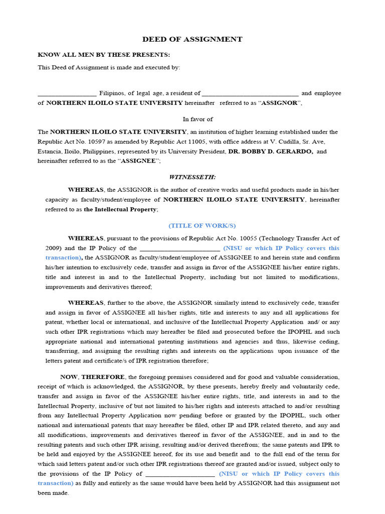 Deed of Assignment - Individual IPOPHL | PDF | Assignment (Law ...