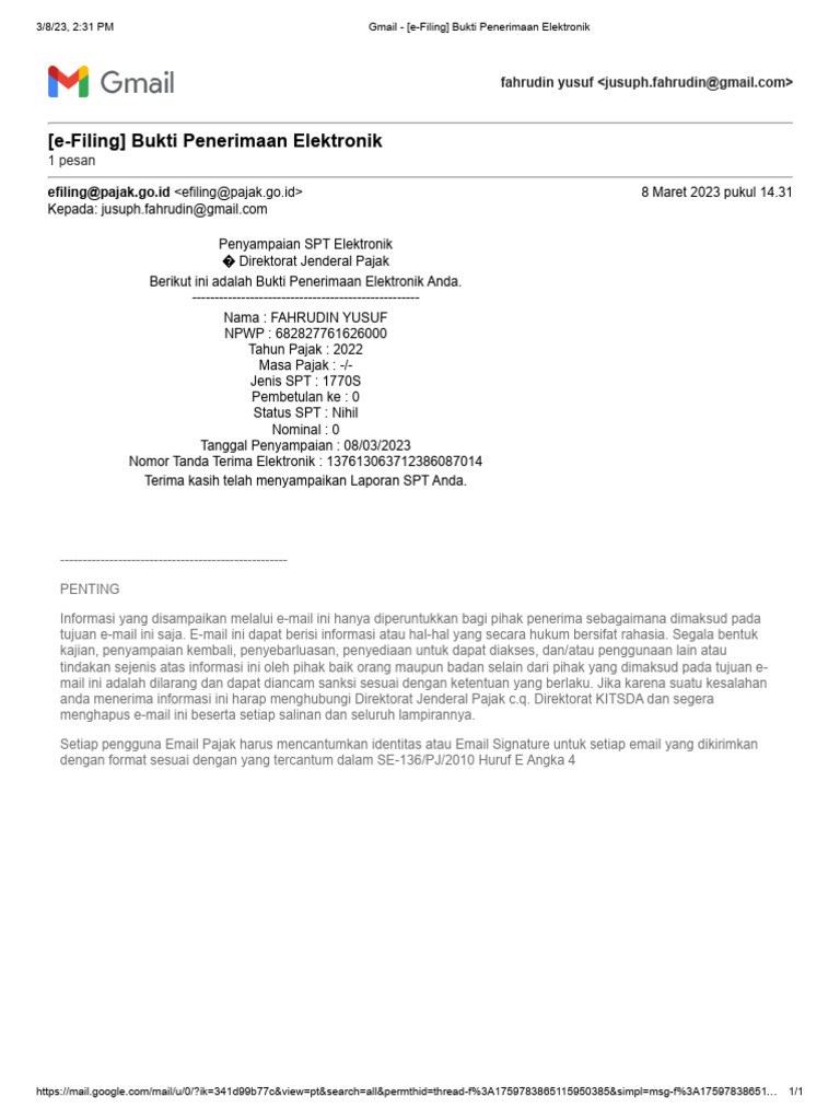 Gmail - (E-Filing) Bukti Penerimaan Elektronik Pak YUSUF 2022 | PDF