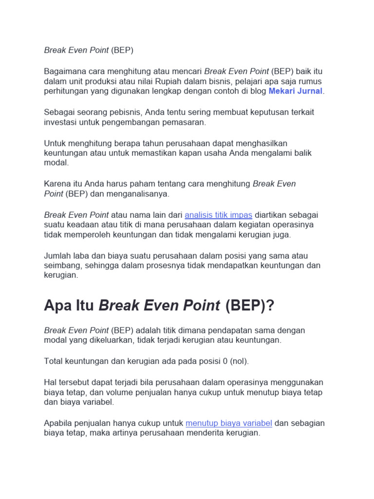 Break Even Point | PDF | Bisnis | Pengelolaan Keuangan & Uang
