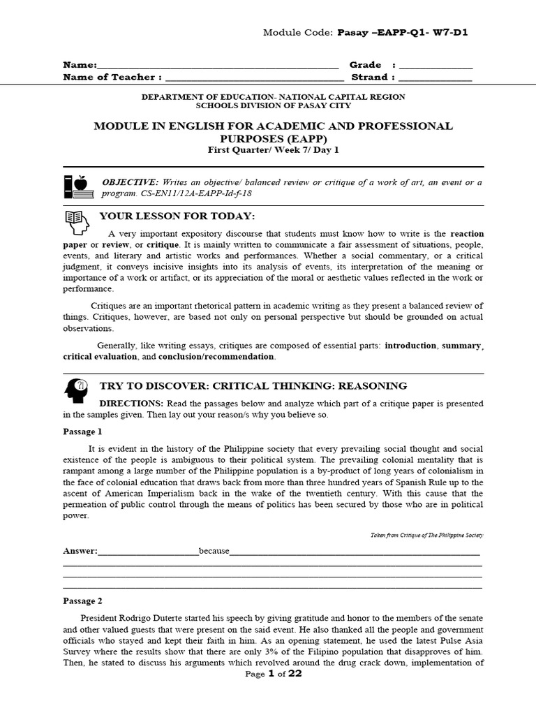 EAPP Q1 W7 Day 1 To 4.edited. 1 5.docx Critique Concept Paper | PDF | Evaluation | Critical Thinking
