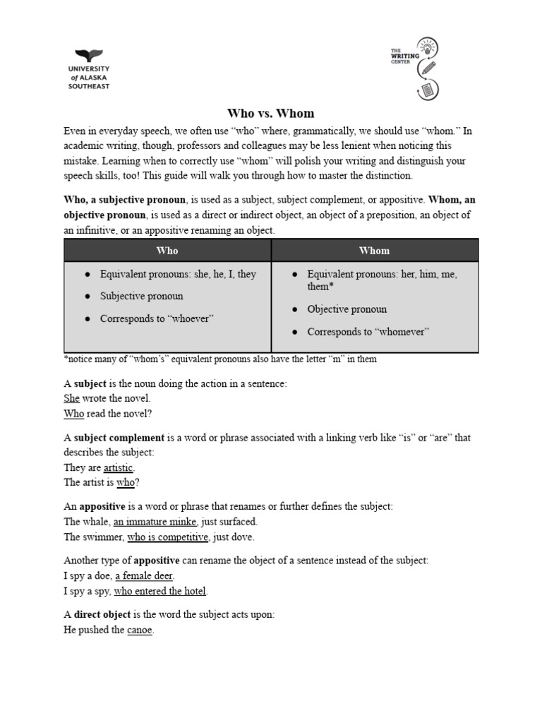 Who vs. Whom Handout | PDF | Linguistic Morphology | Linguistics