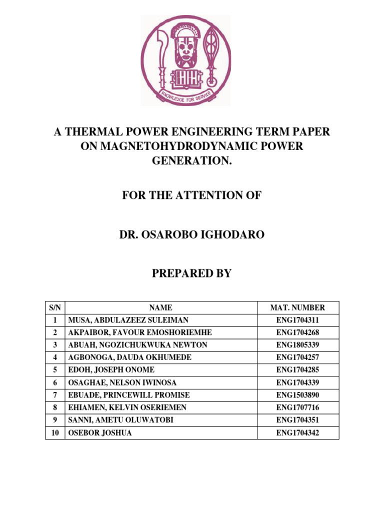 Magnetohydrodynamic Power Generation (Group C) | PDF | Plasma (Physics ...
