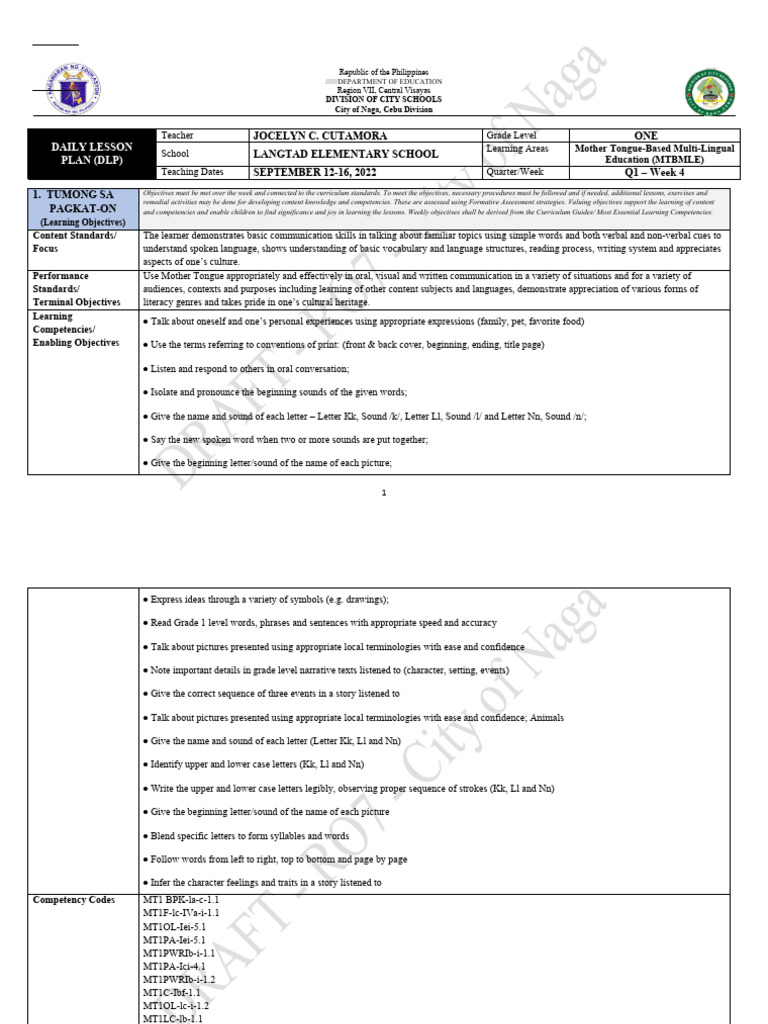 GR 1 MTBML DLP Q1W4 With TOS | PDF | Learning | Communication