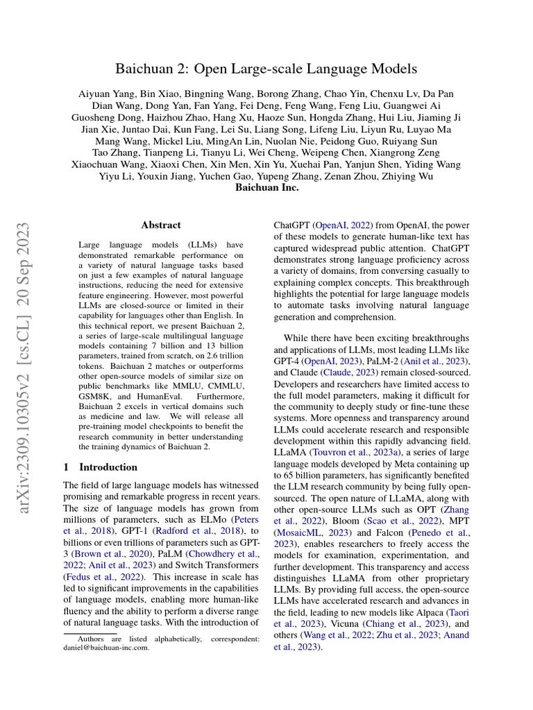 Baichuan 2: Open Large-Scale Language Models: Authors Are Listed ...