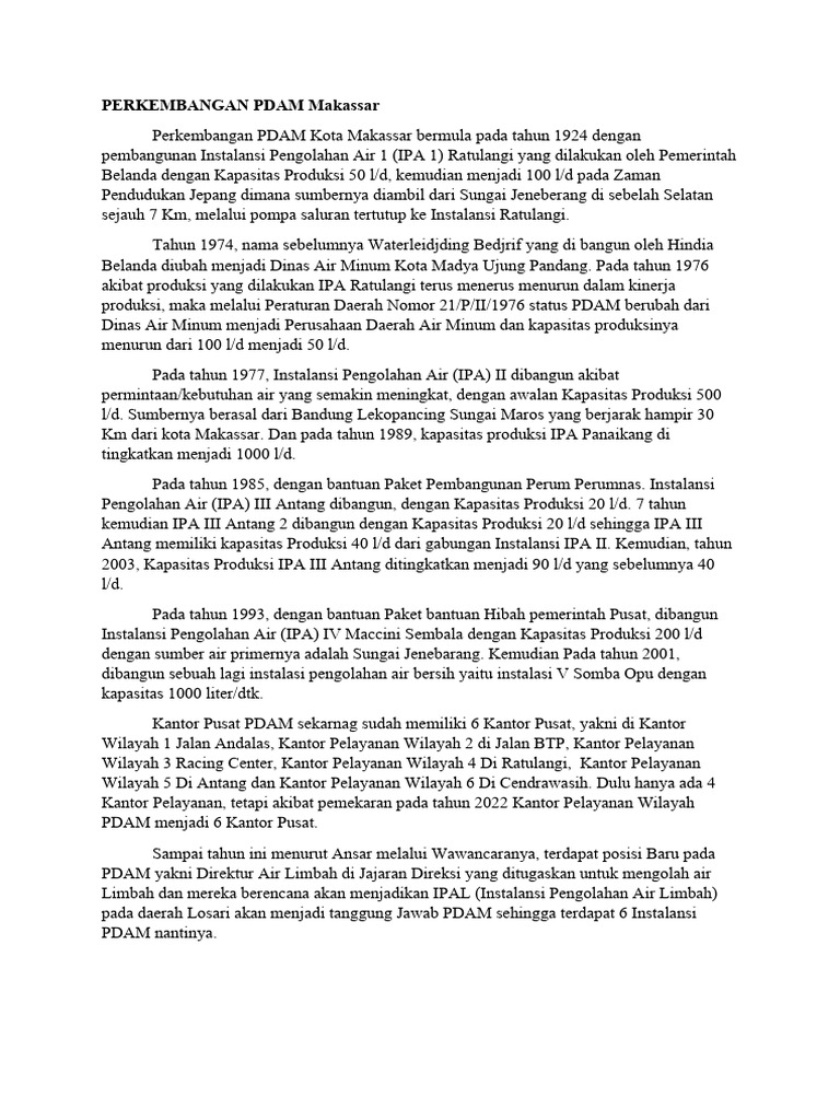 Sejarah Perkembangan PDAM Makassar | PDF