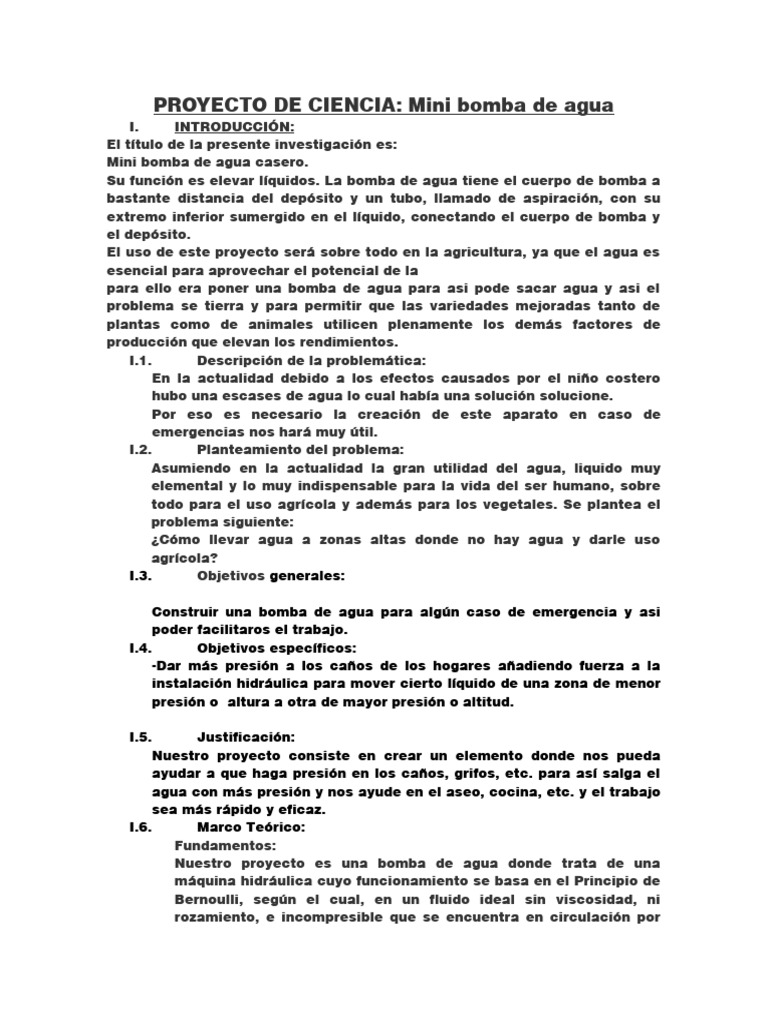 PROYECTO DE CIENCIA Mini Bomba de Agua | PDF | Agua | Bomba