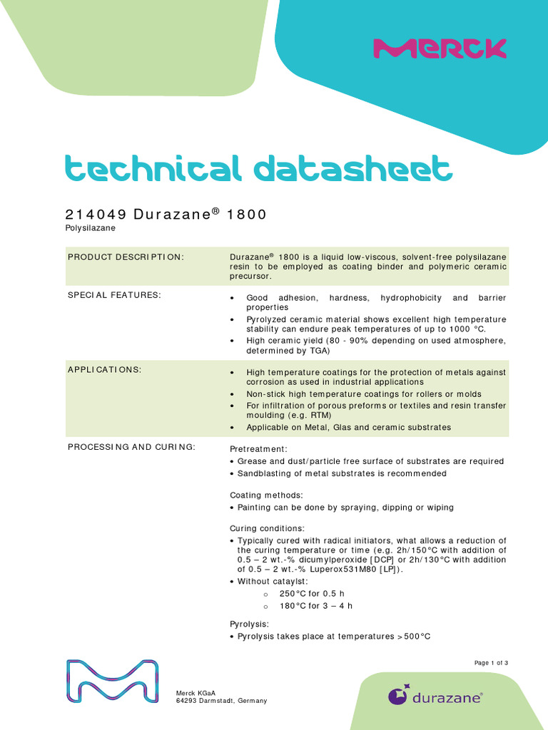 TDS Durazane® 1800 | PDF | Pyrolysis | Acetic Acid