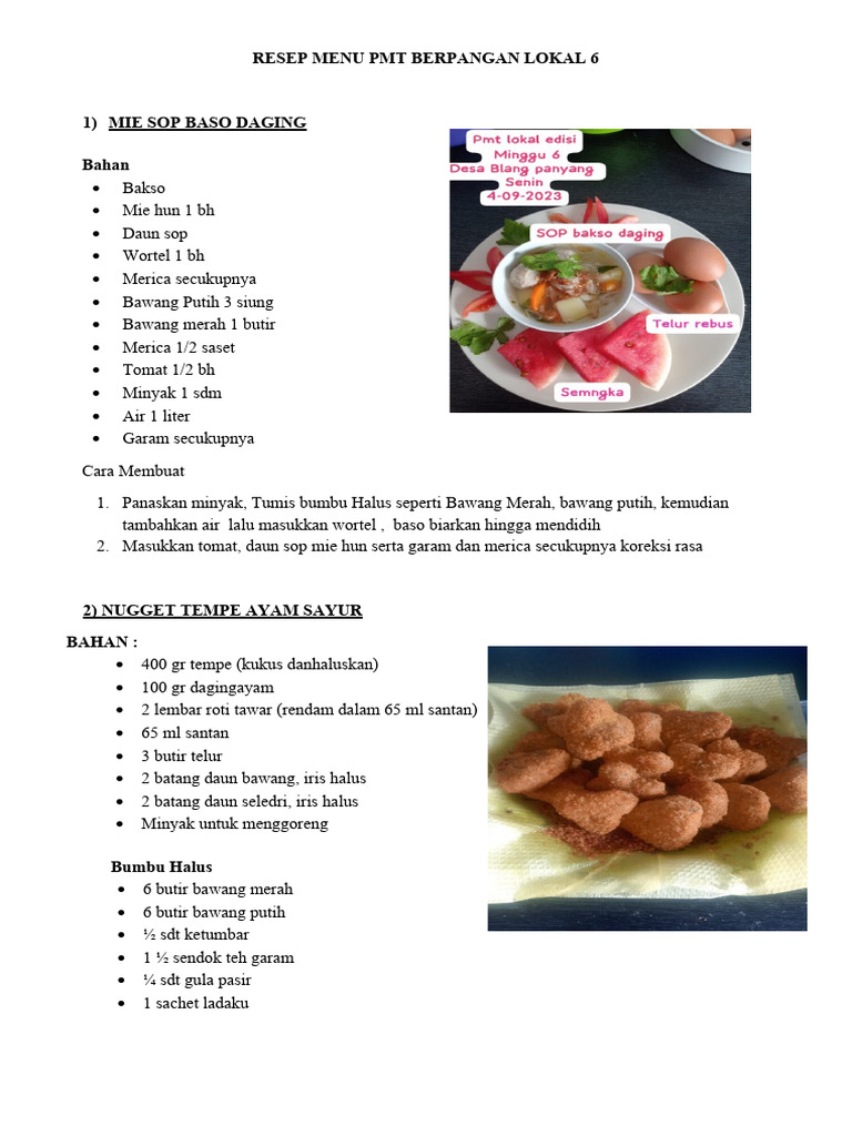 Resep Menu PMT Berpangan Lokal Tahap 6 Terbaru | PDF | Memasak, Makanan ...