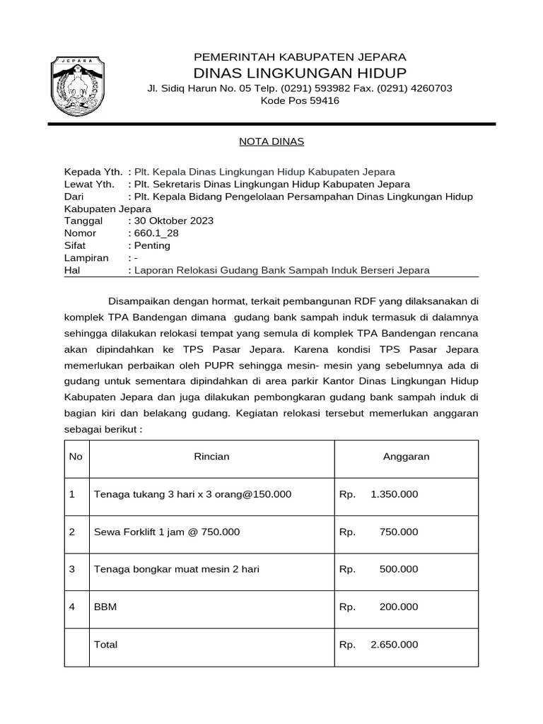 Nota Dinas Relokasi Gedung Bank Sampah Induk Berseri Jepara | PDF