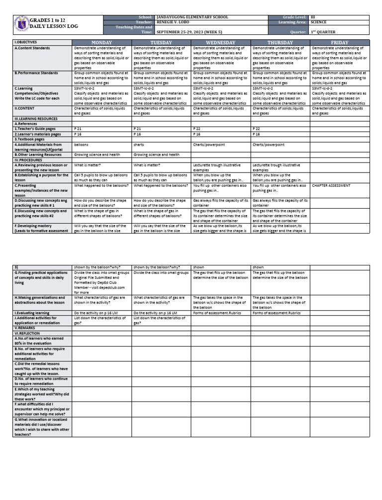 DLL - Science 3 - Q1 - W5 | PDF | Gases | Learning