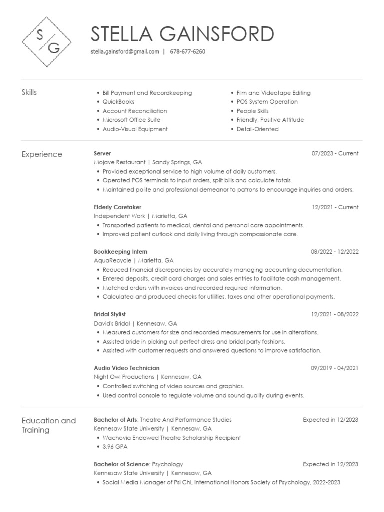 Stella Gainsford Resume | PDF | Point Of Sale | Service Industries