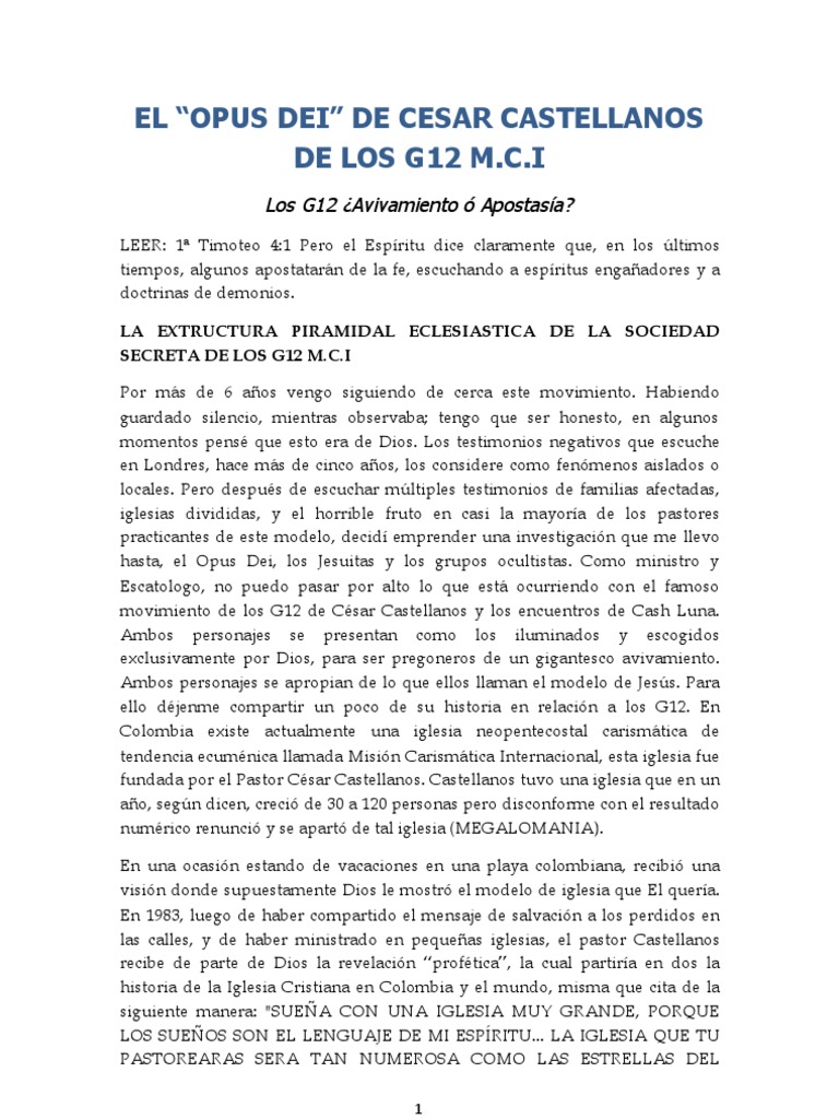 EL OPUS DEI Y EL G12 DE CÉSAR CASTELLANOS | Iglesia Católica | Abrahán