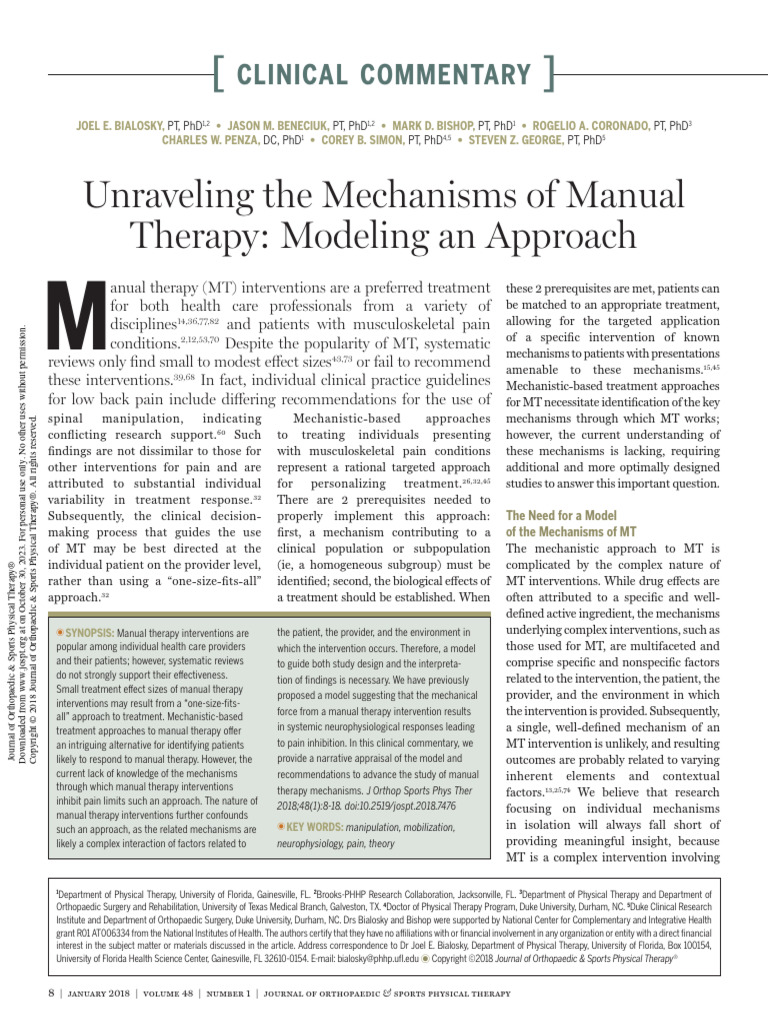 Bialosky Et Al 2017 Unraveling The Mechanisms of Manual Therapy ...