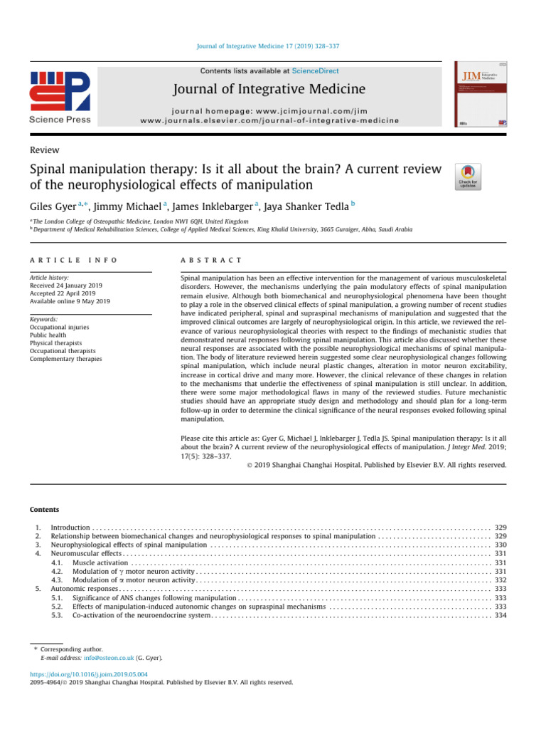 Neurophysiological Effects of Spinal Manipulation | PDF | Nervous ...