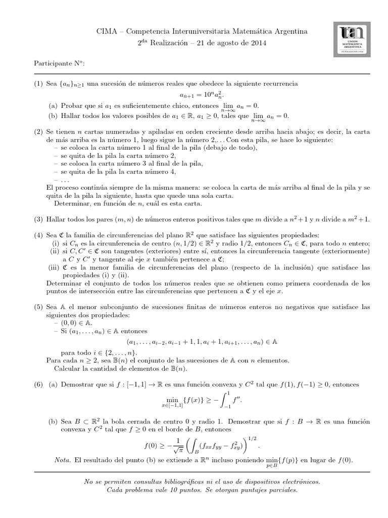 Prueba CIMA2014 | PDF | Conjunto convexo | Matemática Elemental