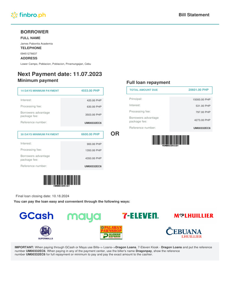 Loan Bill Statement for James Academia | PDF | Loans | Interest