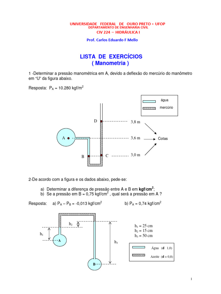 Lista Exerc Manometria | PDF | Pressão | Medição de pressão