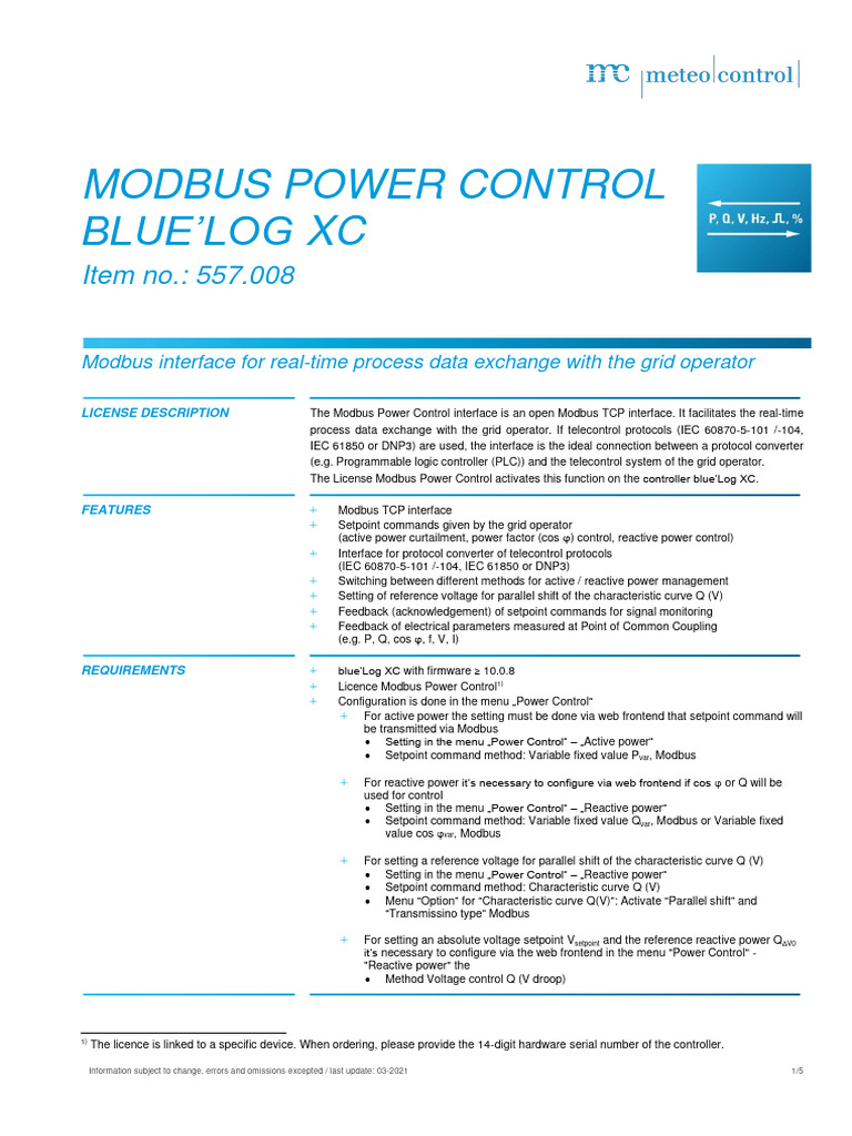 Modbus Power Control for blue'Log XC | PDF | Ac Power | Electrical ...
