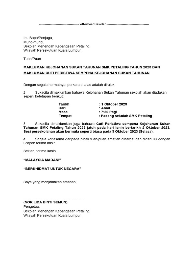 Contoh Surat Makluman Kejohanan Sukan Sekolah Dan Cuti Peristiwa | PDF