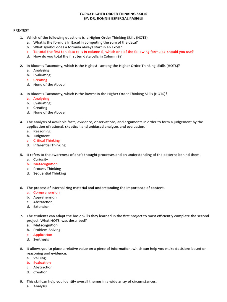 Pre Test Post Test Hots | PDF | Metacognition | Thought