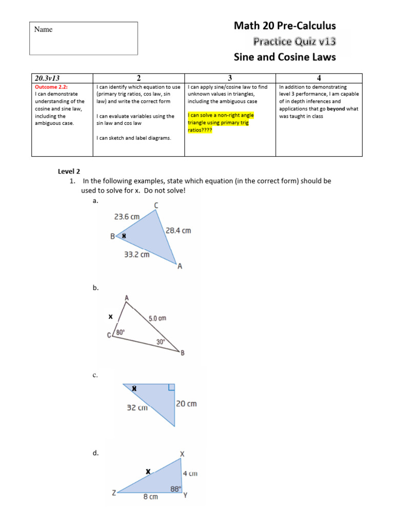 2.2 Practice Quiz v13 | PDF | Trigonometric Functions | Triangle