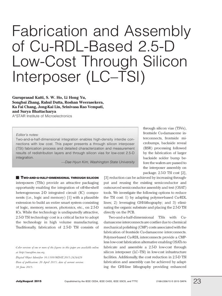 Fabrication and Assembly of Cu RDL Based 25 D Low Cost Through Silicon ...