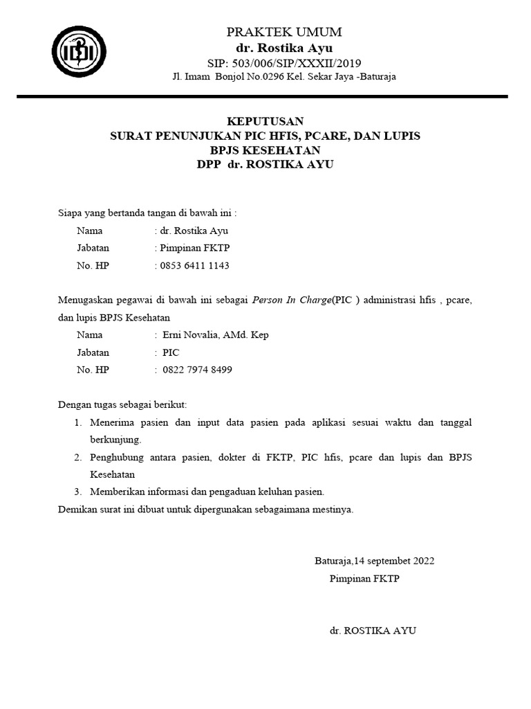 Surat penunjukan PIC BPJS HENI | PDF