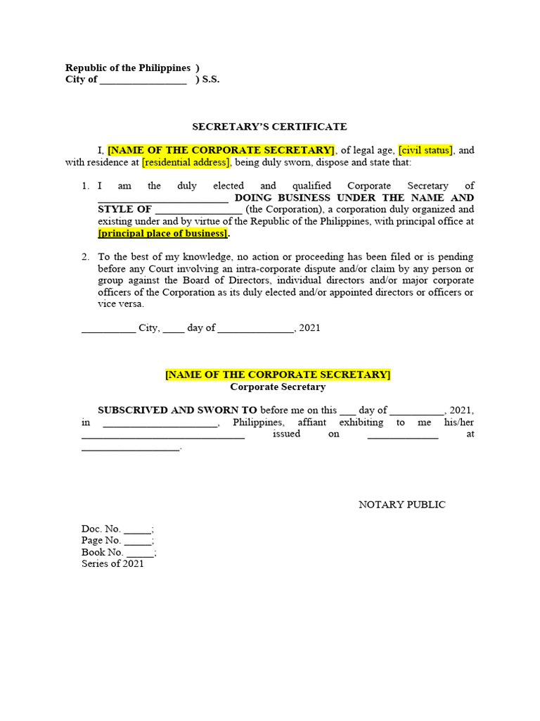Sample Secretary Certificate - No Intra Corporate Action | PDF