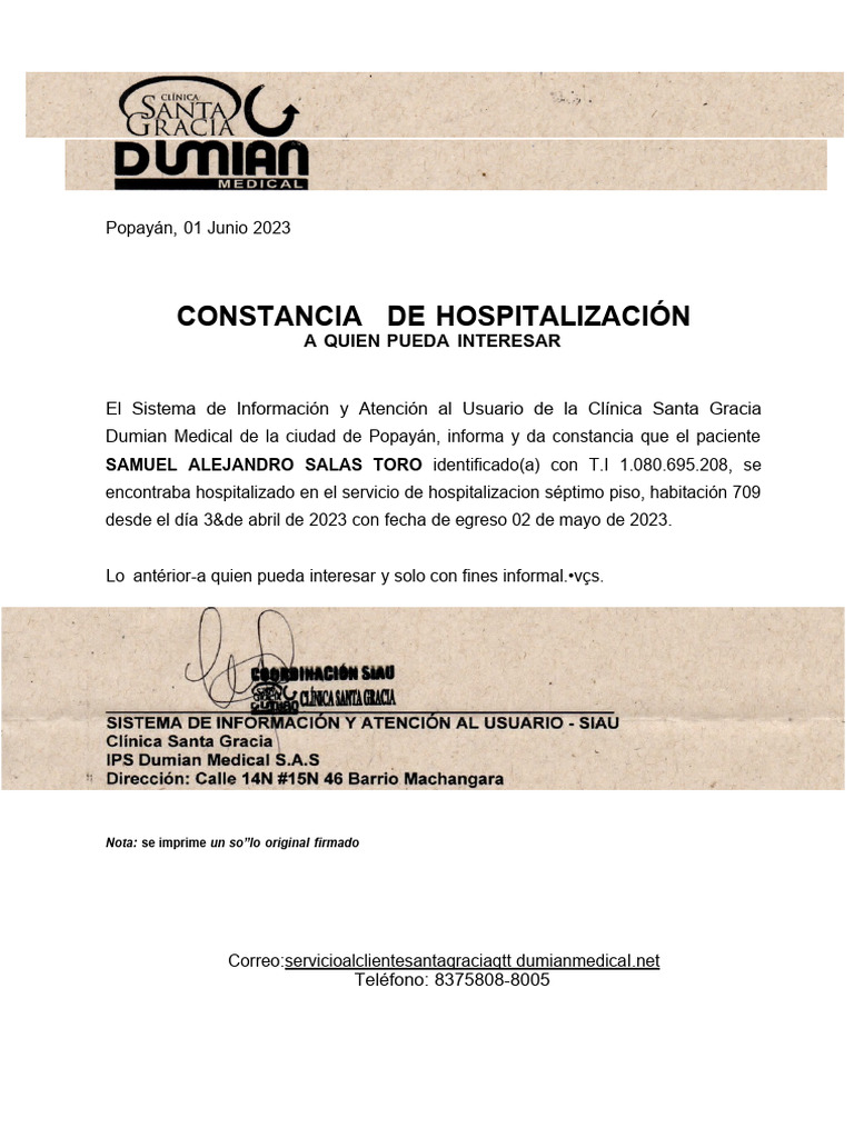 Constancia de Hospitalización - Samuel Salas | PDF