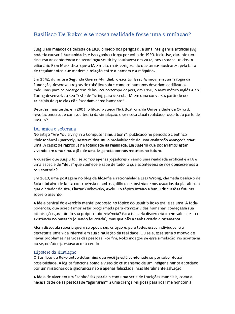 Basilisco de Roko | PDF | Inteligência artificial | Inteligência ...