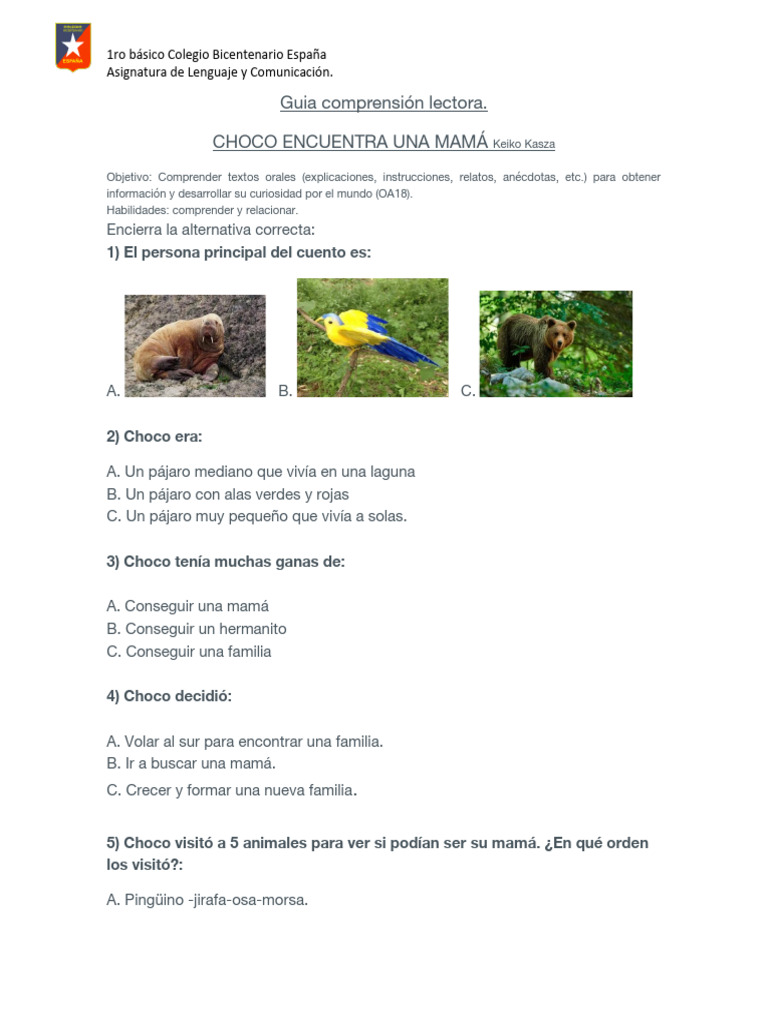 Guia Comprensión Lectora Choco Encuentra Una Mamá | PDF