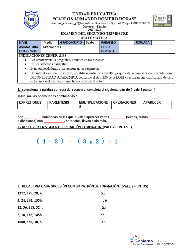 Examen de Matematicas 6to SEGUNDO Trimestre | PDF | Matemáticas