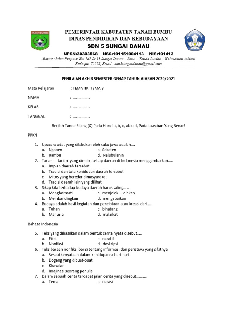Soal Tema 8 Kelas 5 2021 | PDF | Kajian Bahasa Asing | Dewasa Muda