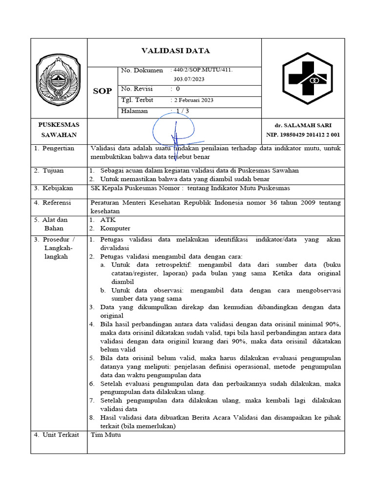 SOP Validasi Data Puskesmas | PDF