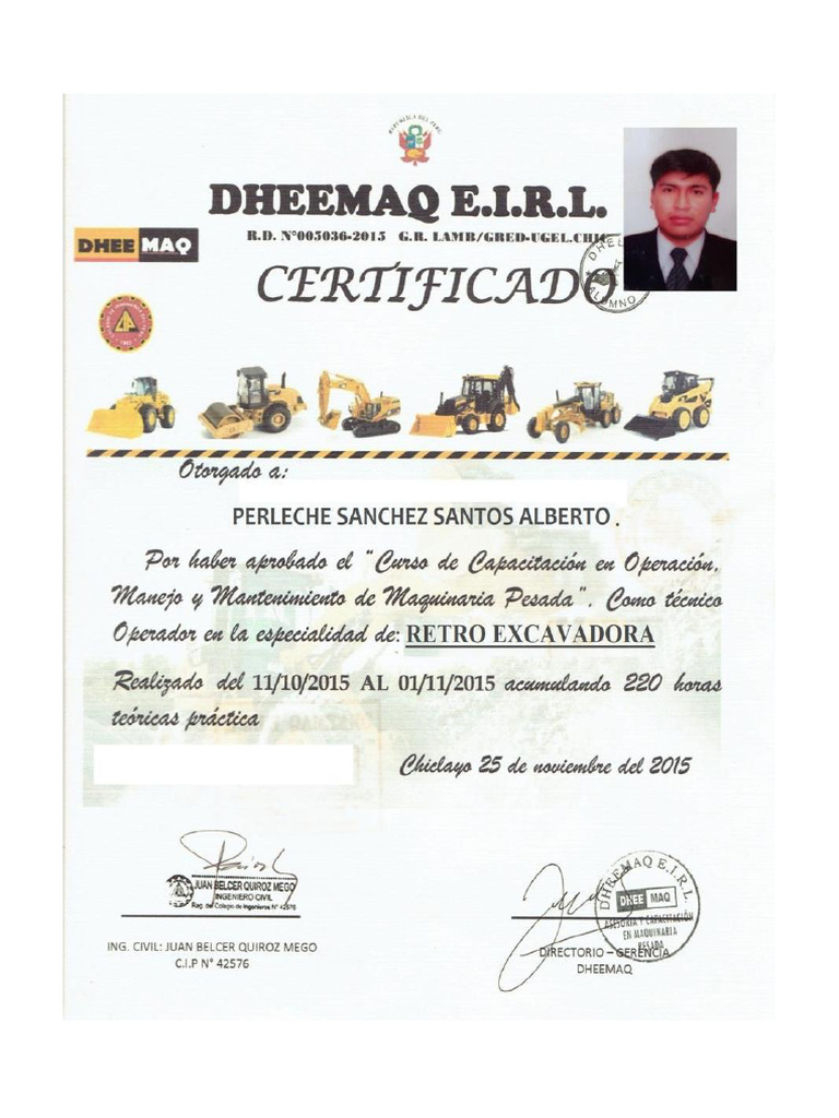 Certificado Operador Retroexcavadora Perleche Sanchez | PDF