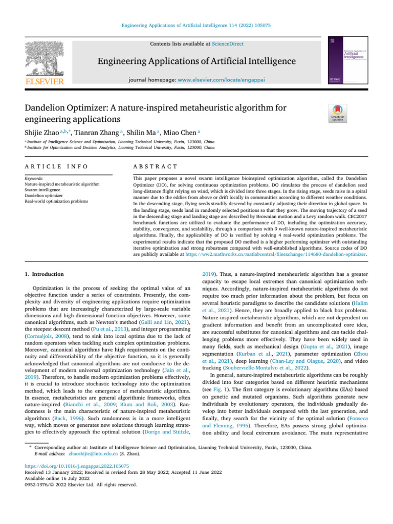 Dandelion Optimizer: Metaheuristic Algorithm | PDF | Metaheuristic | Mathematical Optimization