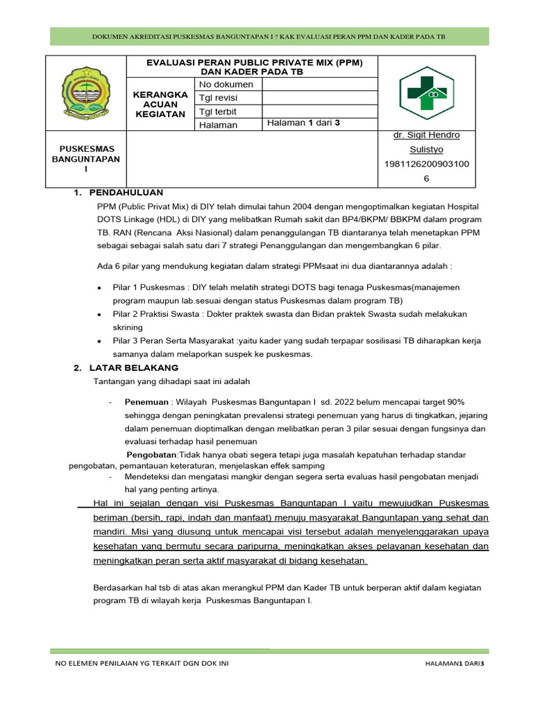 Kak Kegiatan Evaluasi Peran Public Private Mix (PPM) Pada TB | PDF