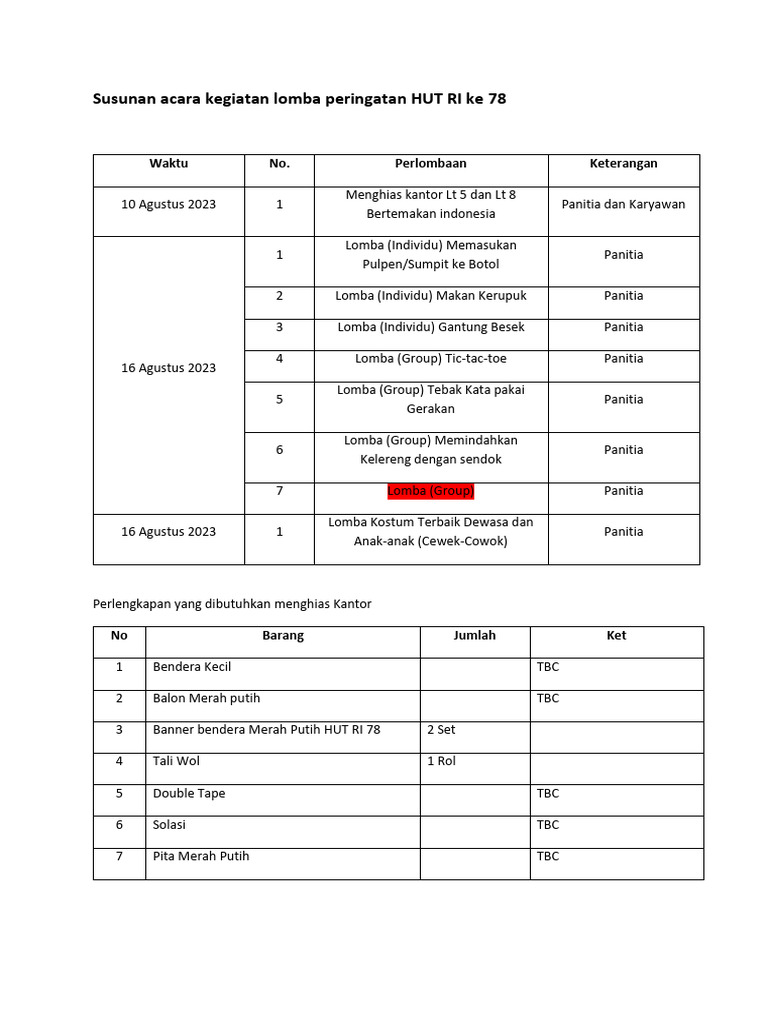 Susunan Acara Kegiatan Lomba Peringatan HUT RI Ke 78 | PDF