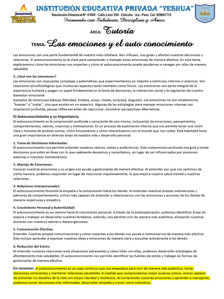 Toe Exp 5 Las Emociones Y El Autoconocimiento Pdf Las Emociones