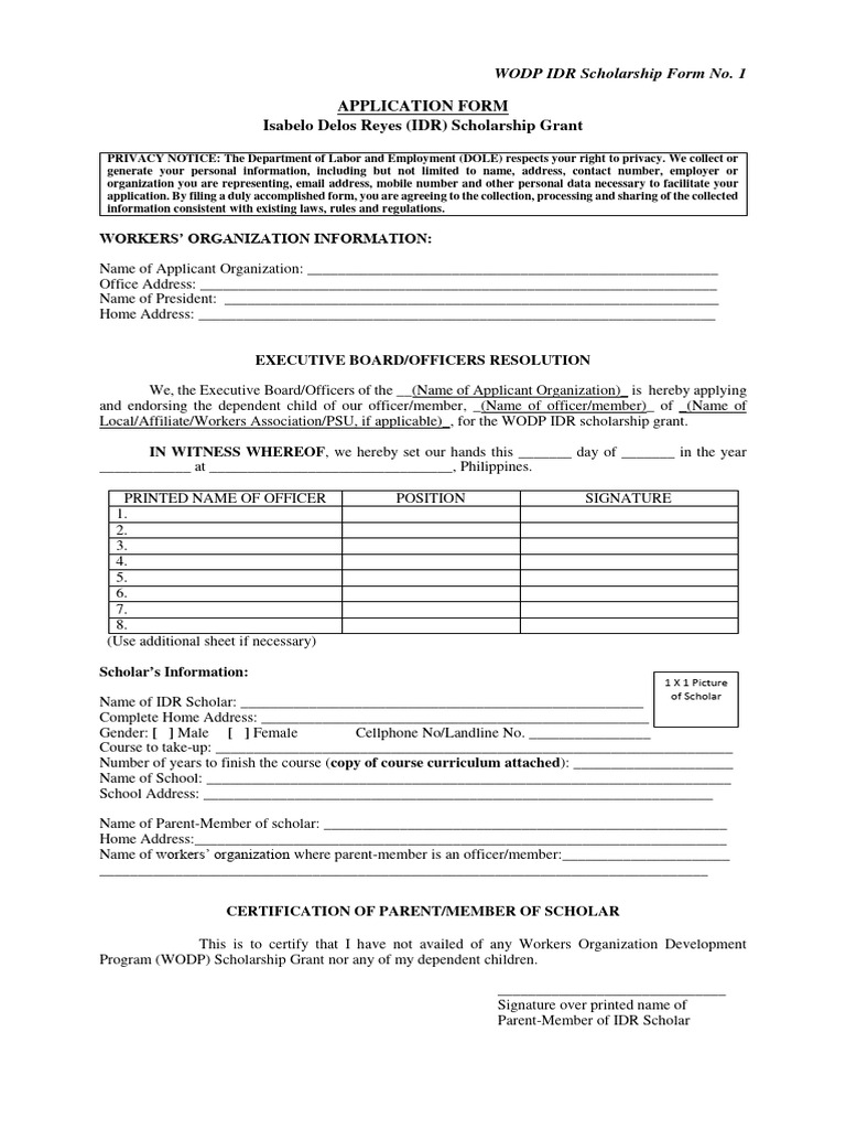 WODP IDR Scholarship Form No. 1 Application Form | Download Free PDF ...
