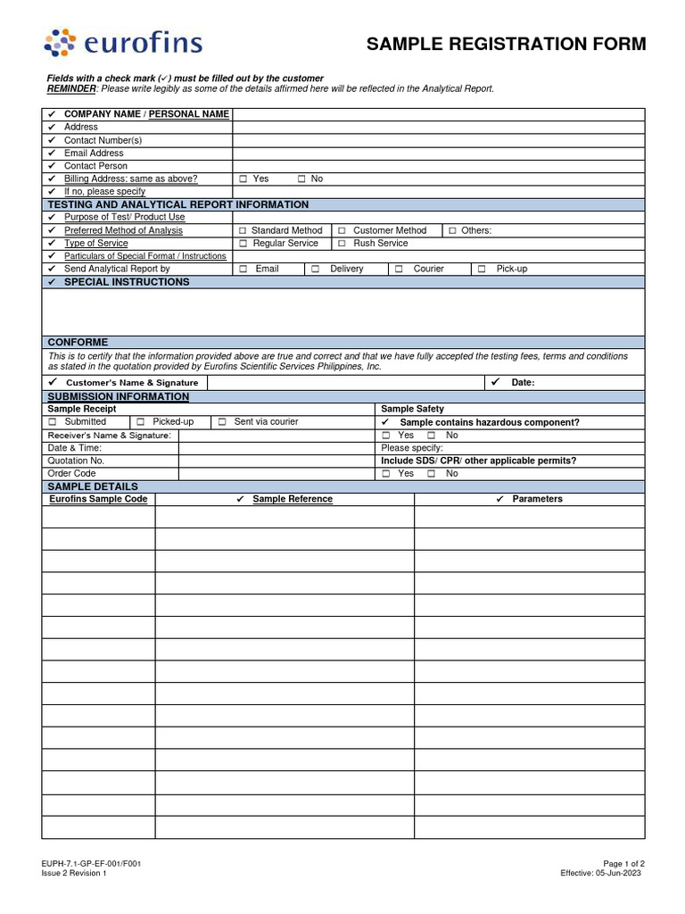 EUPH-7.1-GP-EF-001 F001 Eurofins Sample Registration Form (SRF) R1 | PDF | Computing