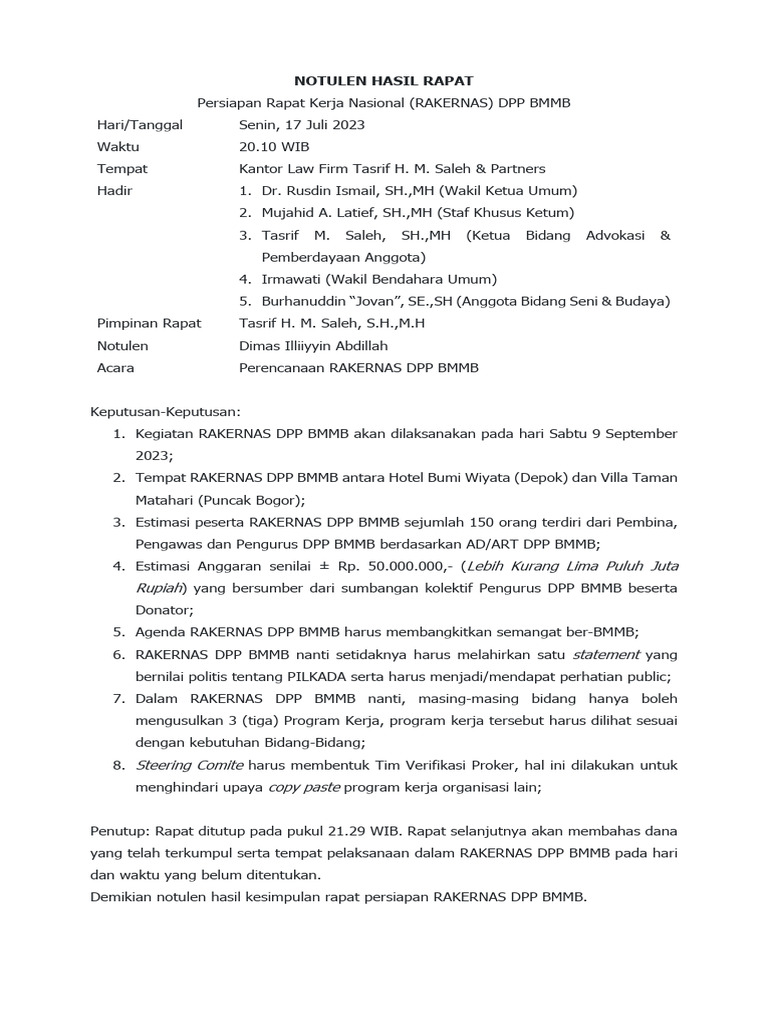 Notulen Hasil Rapat | PDF | Karier & Perkembangan