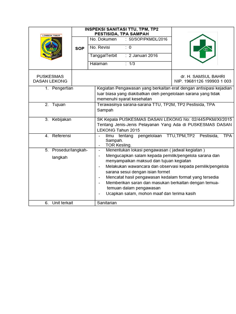 50 Sop Inspeksi Sanitasi Ttu, TPM, Tpa | PDF